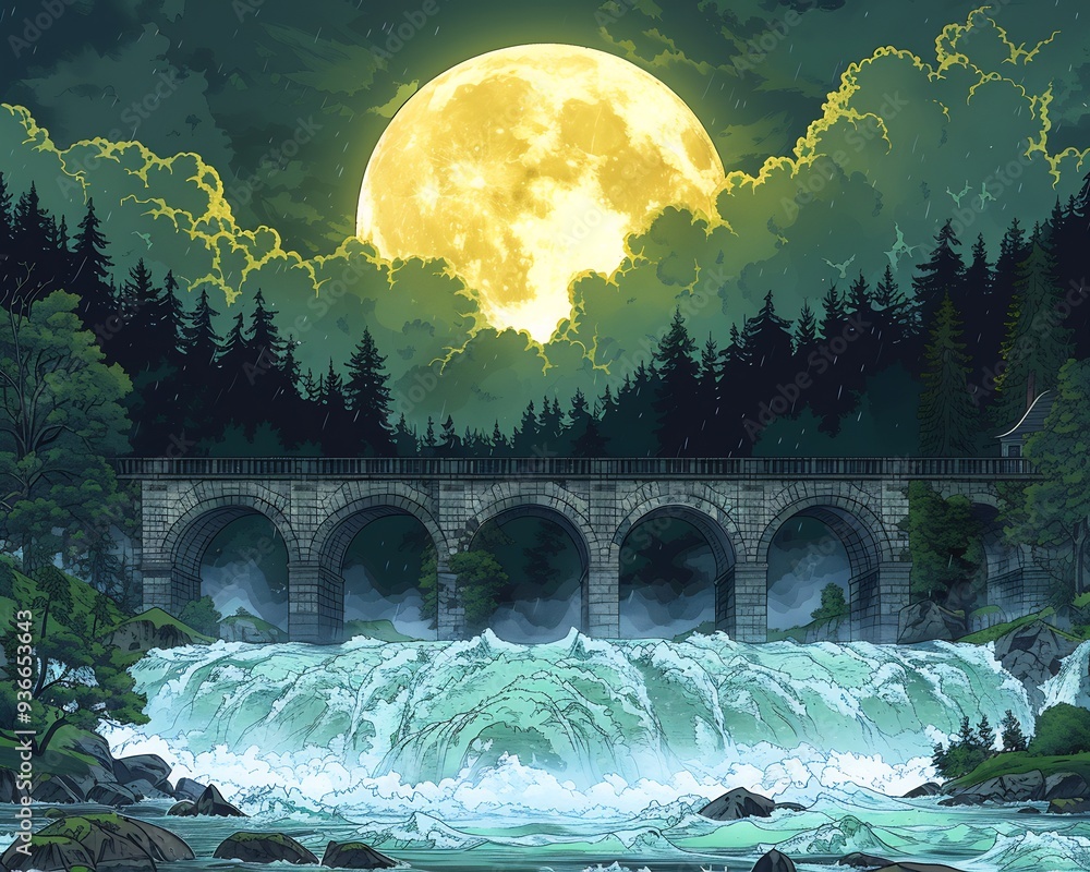 Vector illustration of bridge standing firm despite heavy flooding ...