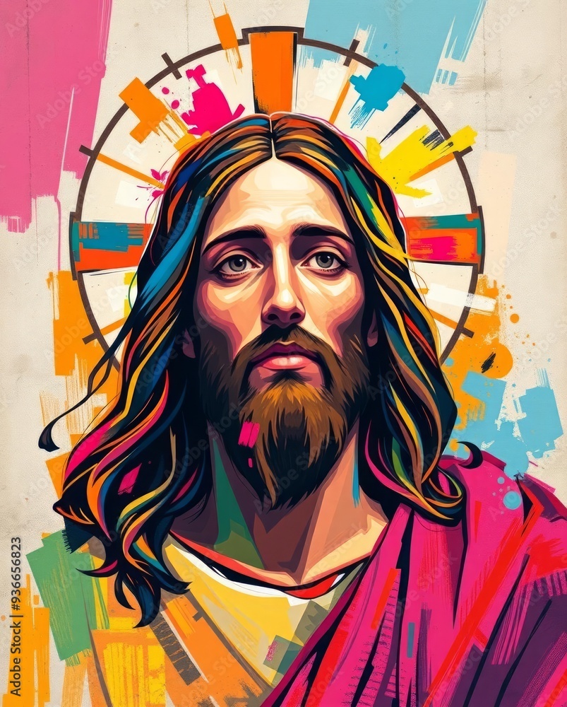 Jesus Christ in front of a colorful background. Colorful vector illustration, Jesus Christ face ...