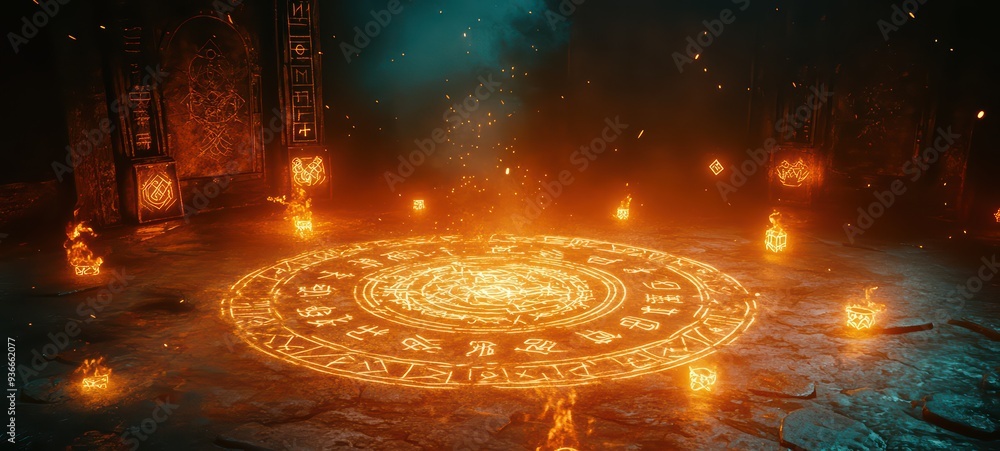 Magical ritual where a fire circle is surrounded by glowing runes and ...