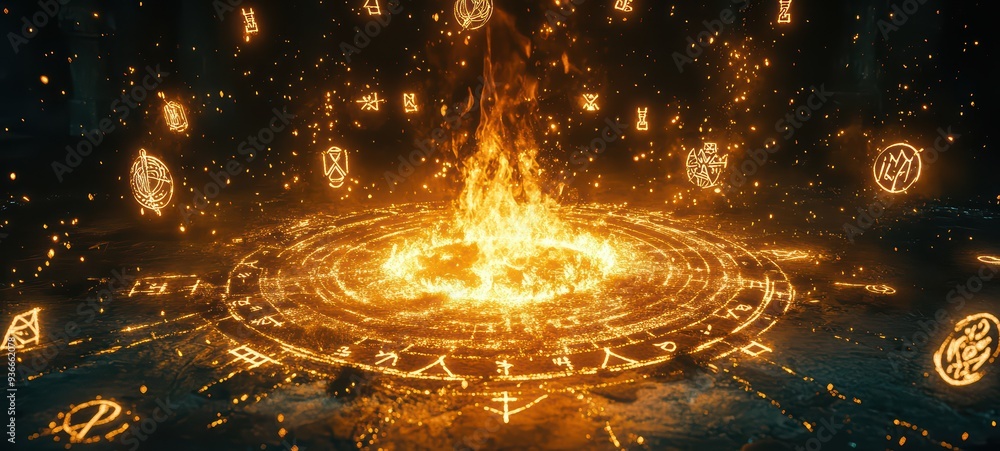 Magical ritual where a fire circle is surrounded by glowing runes and ...