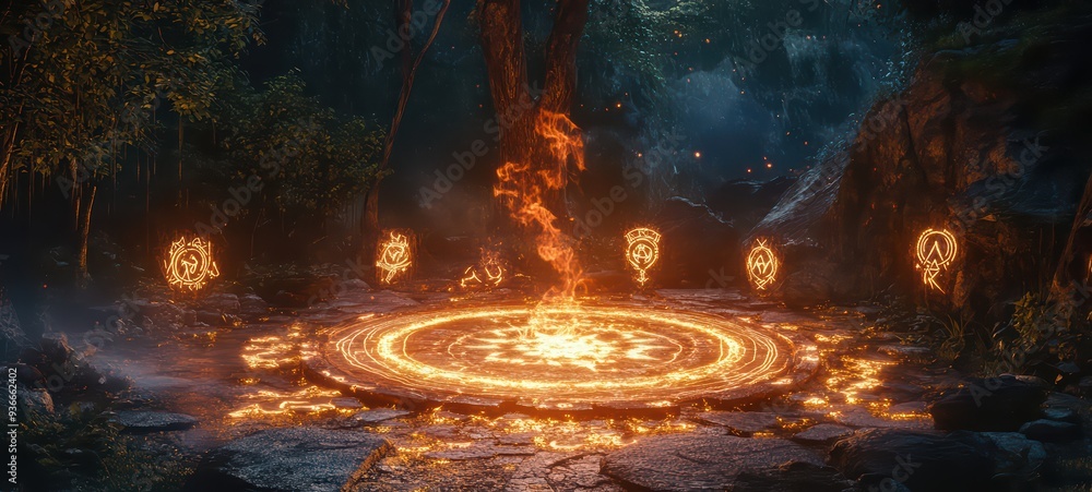 Magical ritual where a fire circle is surrounded by glowing runes and ...