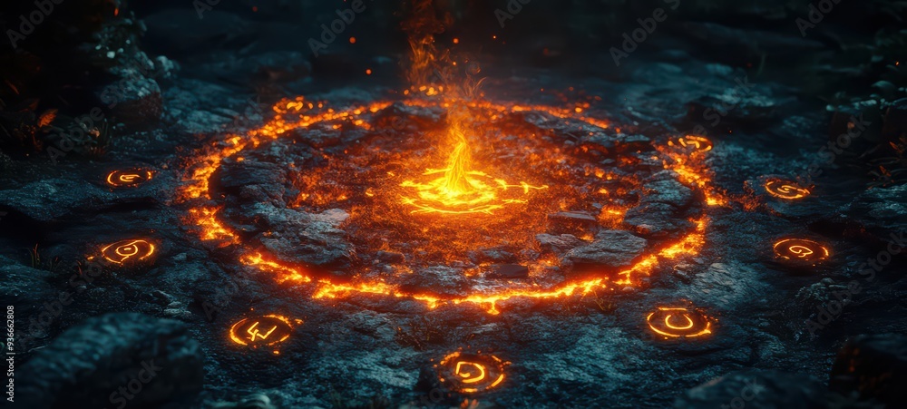Magical ritual where a fire circle is surrounded by glowing runes and ...