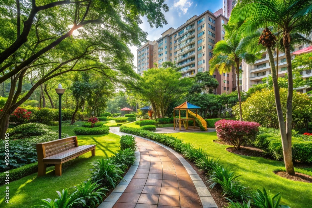 Serene garden path winds through lush greenery alongside a rest area and vibrant children's ...