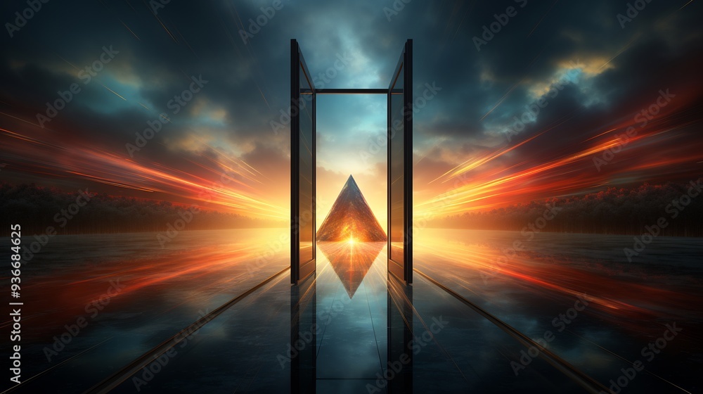 Abstract illustration of door opening reveal world of endless ...