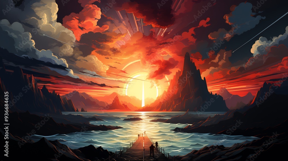 Abstract illustration of door opening reveal world of endless ...