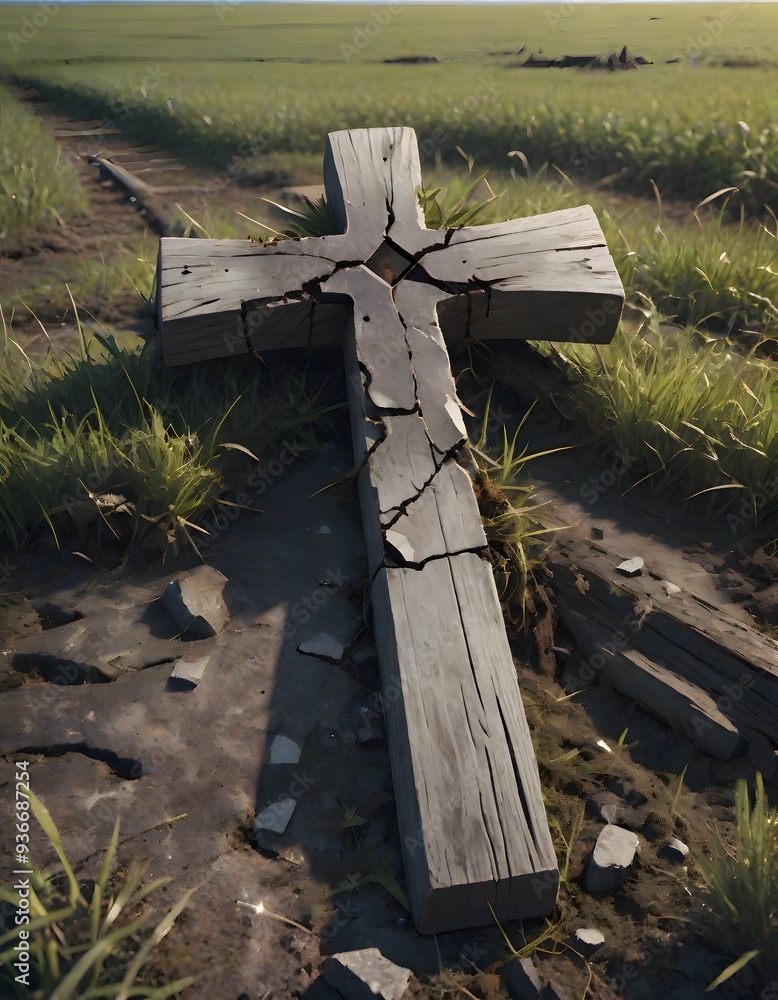 Cracked wooden cross lying on the ground in a grassy field, symbolizing ...