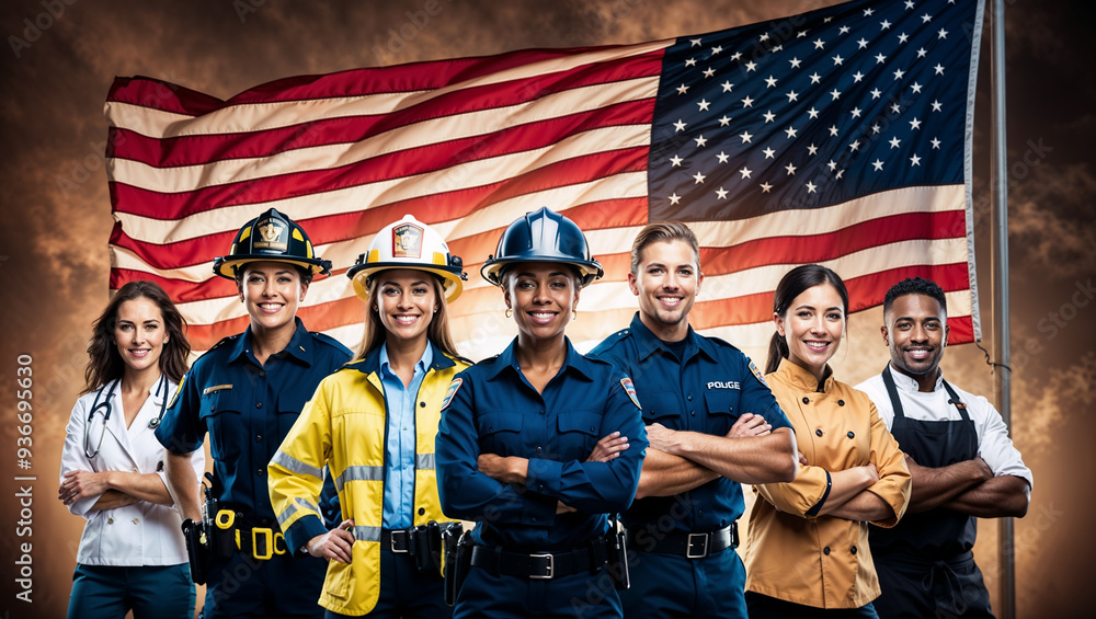 Emotional portrait of diverse professionals and American flag waving in ...