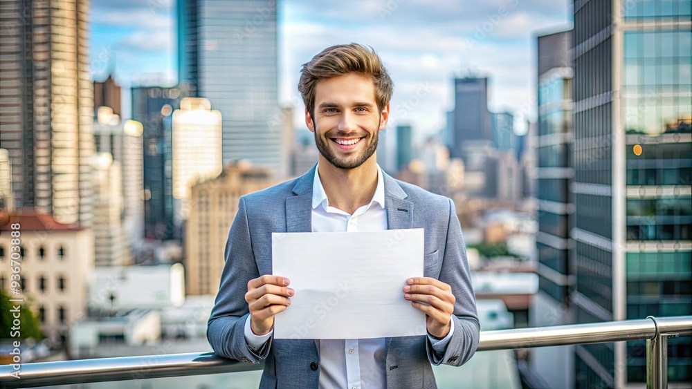Smiling professional male model holds a blank white sign in front of a ...