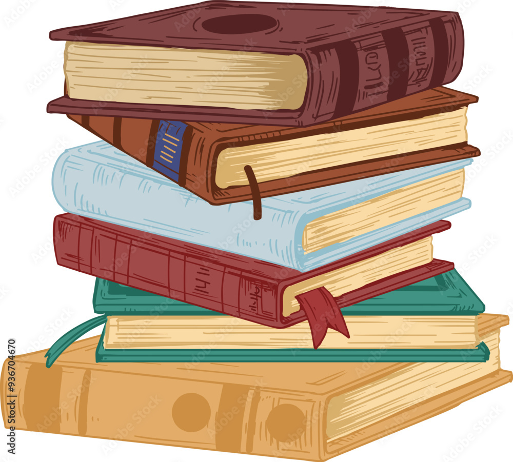 Vertical stack of old historical books in hardbacks with bookmarks ...