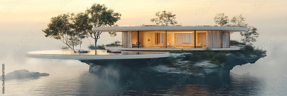 Innovation hub set on a floating island where creators gather to share ...