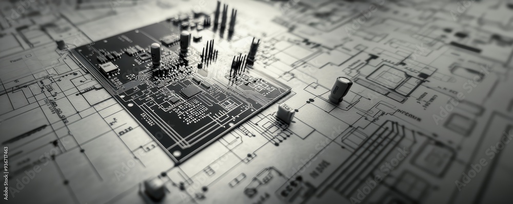 blueprint of integrated circuit design with transistors, capacitors and ...