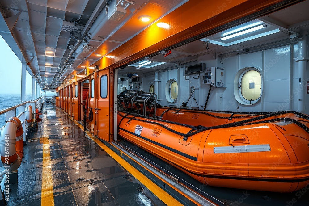 Cruise ship safety equipment inflatable boat, locked tank, lifeboat ...