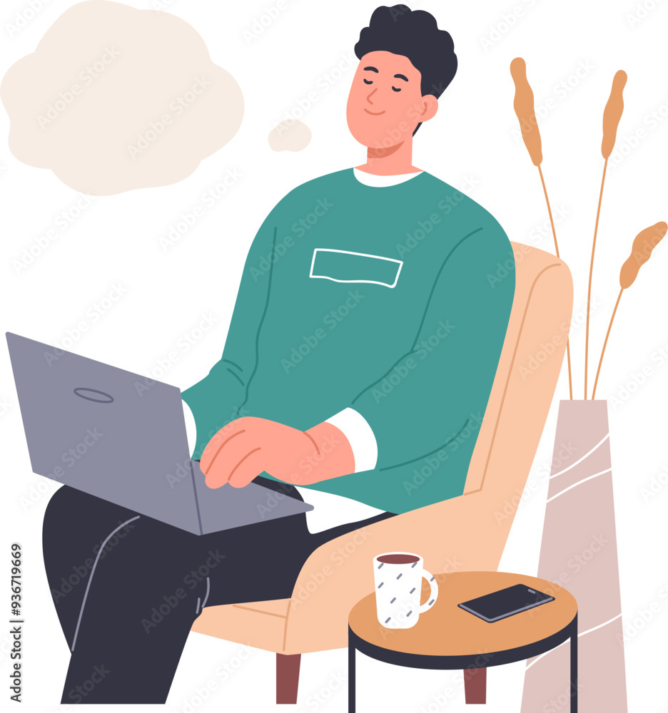 Happy inspired person dreaming and creating ideas while typing smth on ...