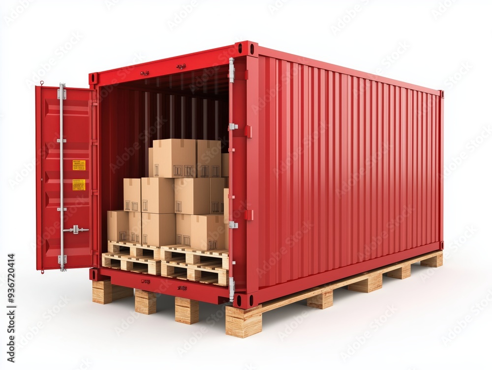 Open red shipping container filled with cardboard boxes stacked on a ...
