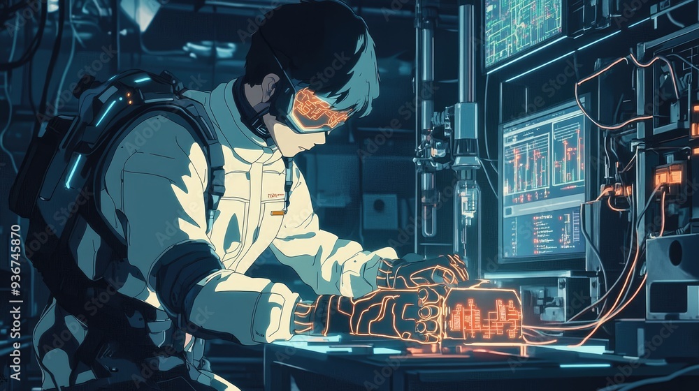 An anime engineer testing a prototype of an exoskeleton suit in a high ...