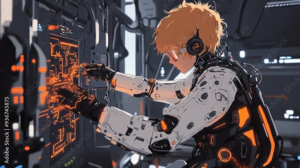 An anime engineer testing a prototype of an exoskeleton suit in a high ...