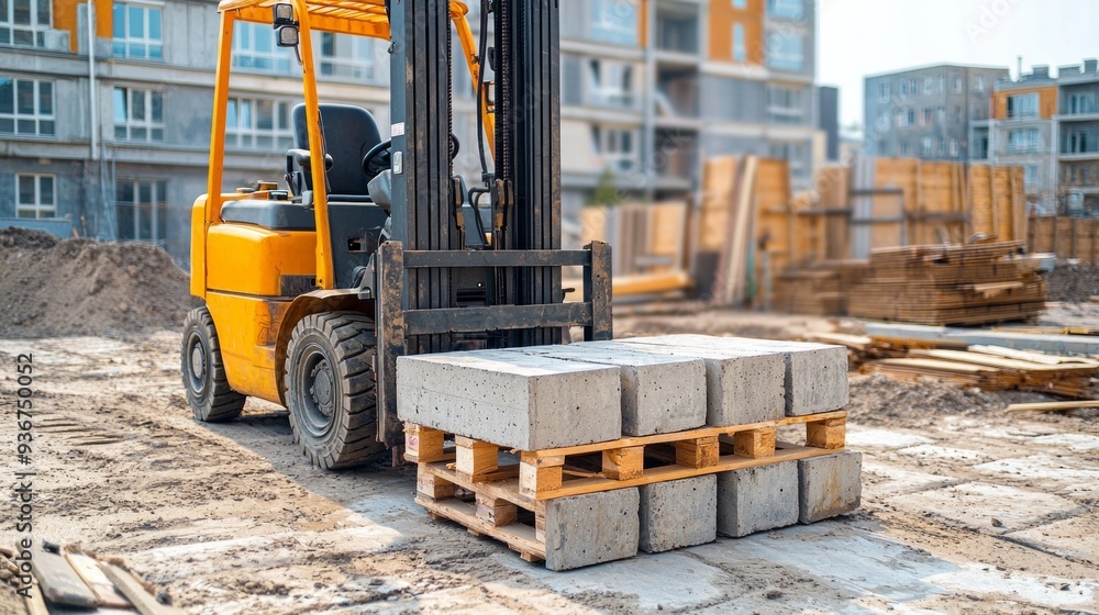 Industrial Forklift Lifting Wooden Pallet With Concrete Curb Slabs at ...