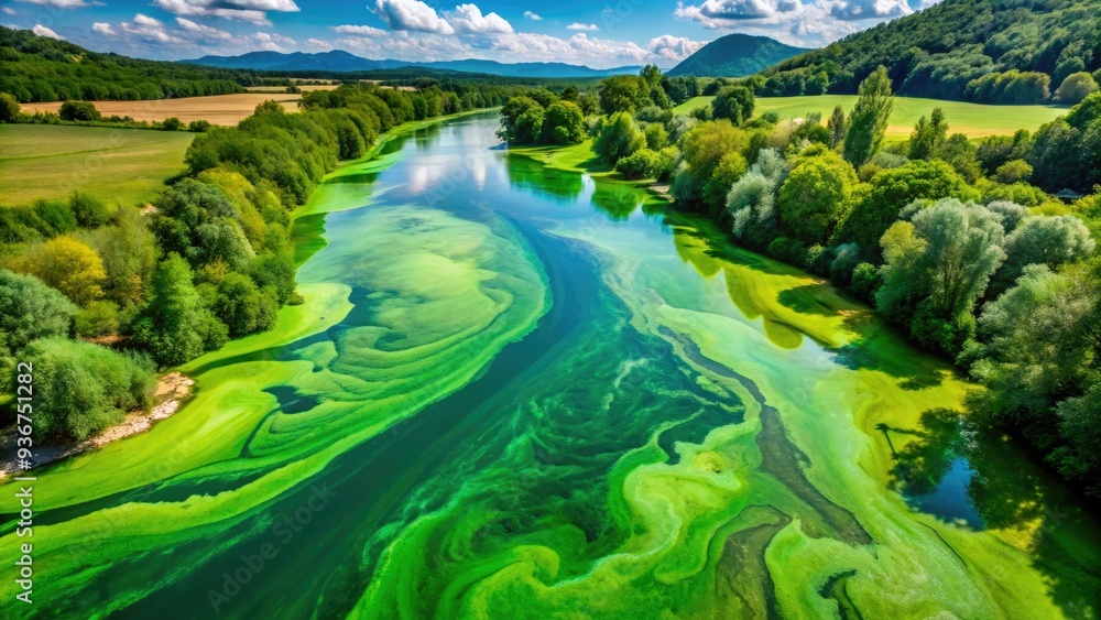 Toxic green river water covered in hazardous cyanobacterium blooms ...