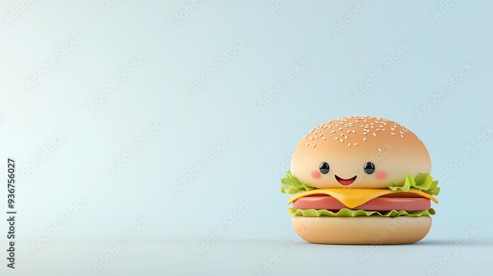 A whimsical 3D food icon of a smiling burger with animated eyes and ...