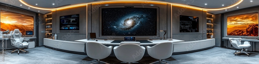 Dispetcher room with white chairs and an LED screen on wall, gray walls ...