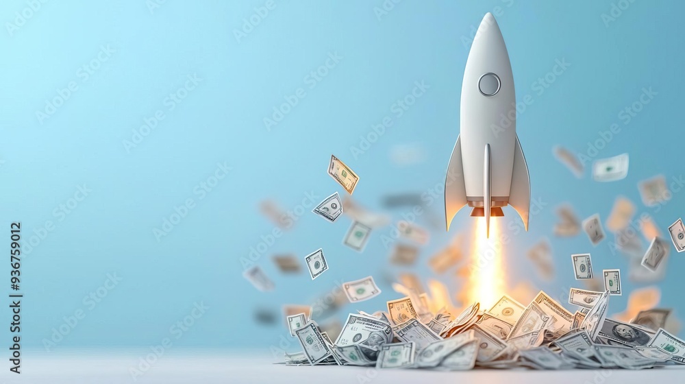 A close-up of a rocket soaring through a sky filled with currency ...