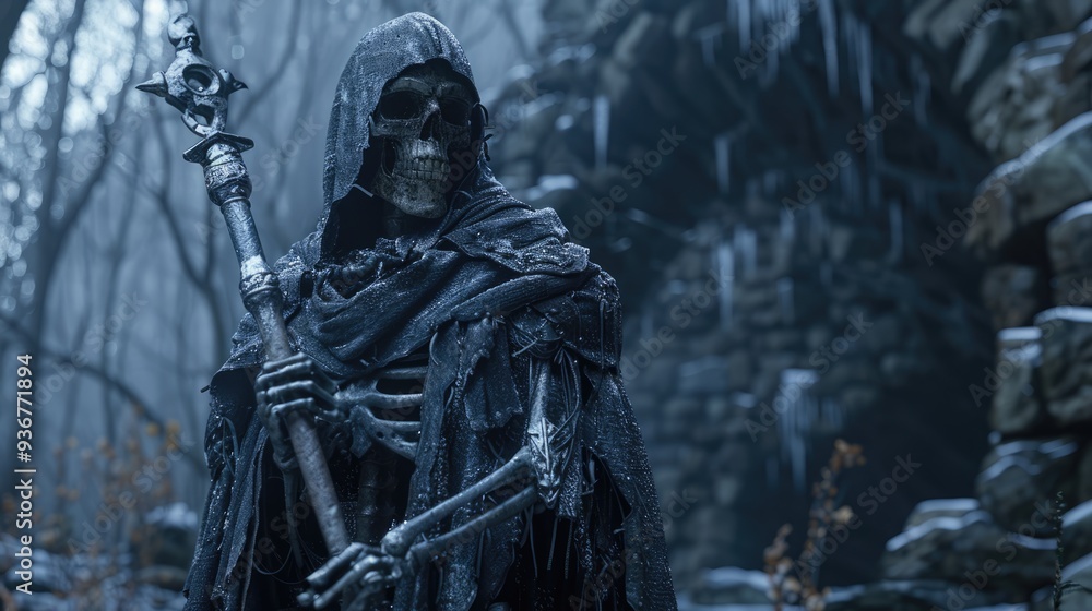 In a dark, ominous forest, a skeleton warrior in a tattered robe holds ...