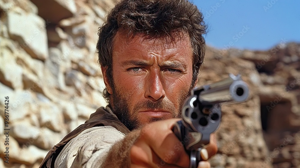 Lone Gunslinger Confidently Aiming His Revolver in a Desert Setting ...