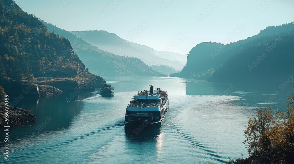 A modern ferry transporting vehicles and passengers across a scenic ...