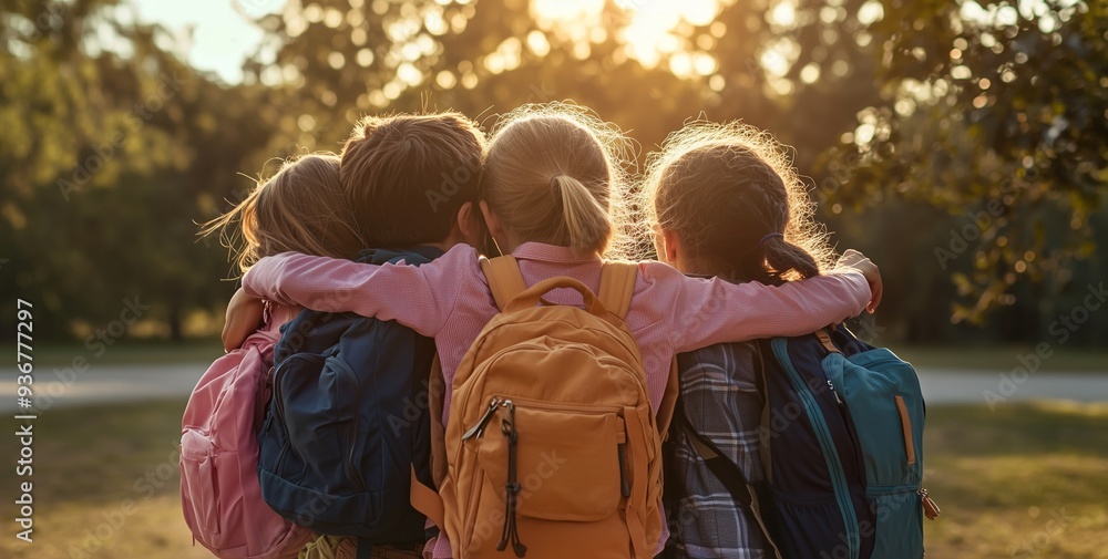 Three students hugging each other, wearing school uniforms and ...