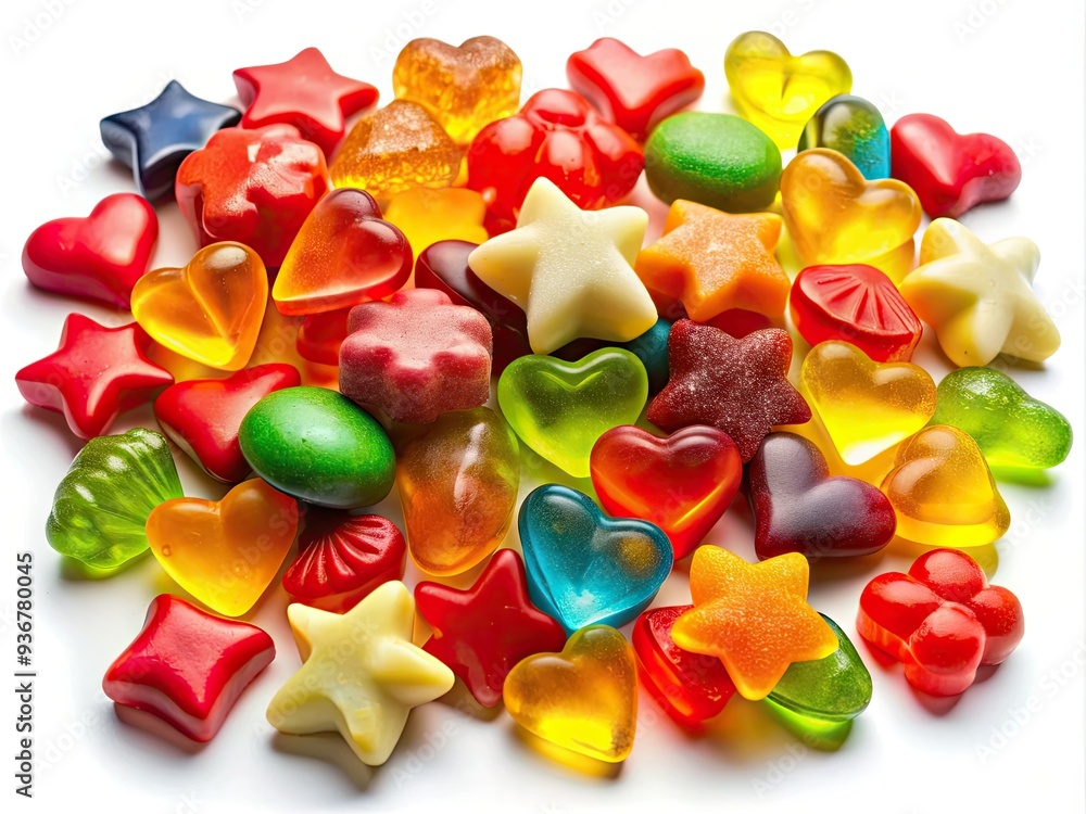 Vibrant, chewable gummy vitamins in various multicolored shapes ...