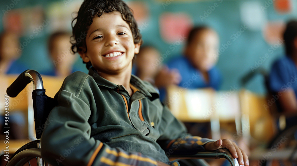 Happy disabled schoolboy in wheelchair. Young boy with disability in ...