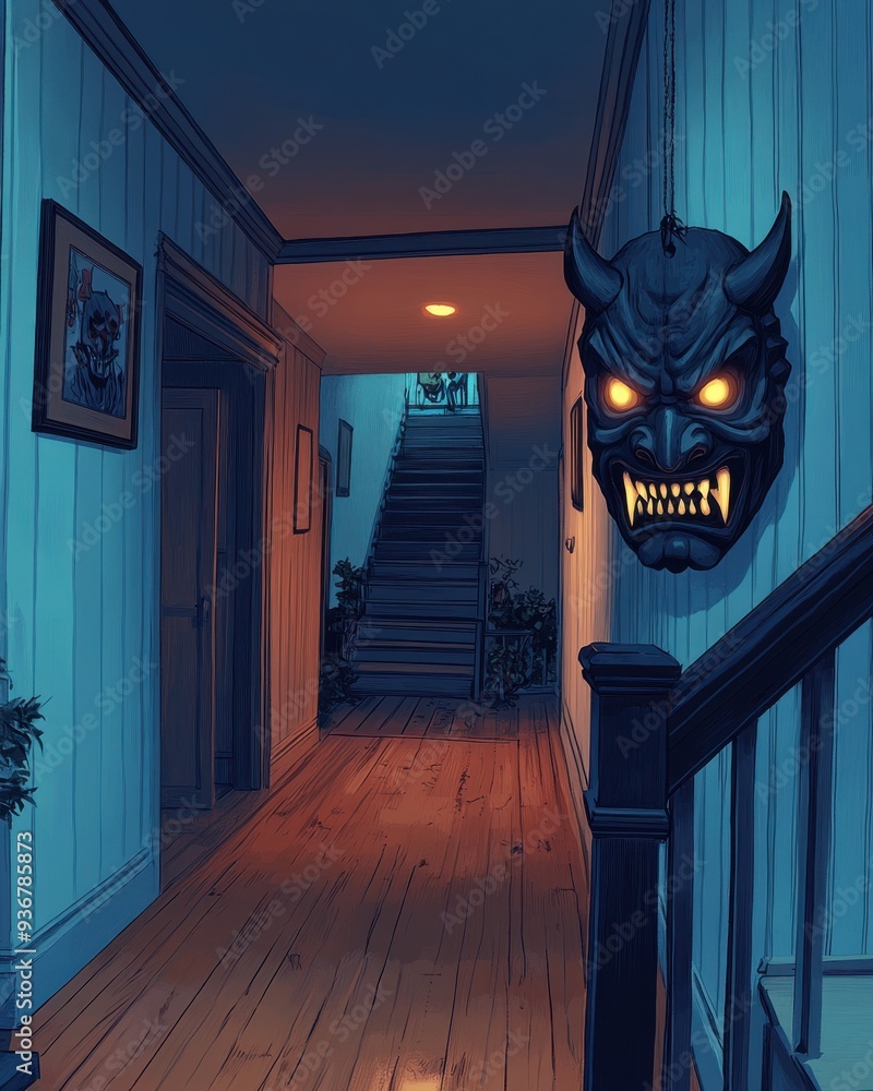 Eerie Dimly Lit Hallway with Wooden Floors, Staircase, and a Glowing ...