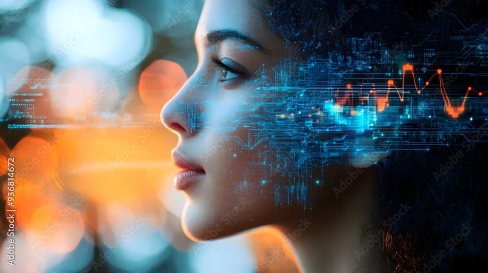 Double exposure portrait of a human face overlaid with AI circuit ...