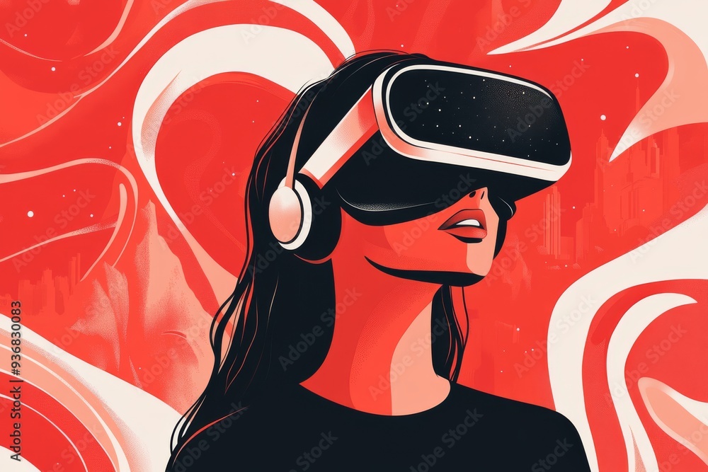 Stylized vector art of a woman engaged in a virtual reality experience ...