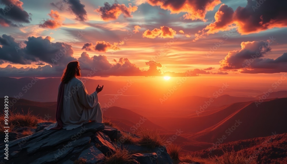 Silhouette of Jesus praying on the mountain peak at sunset, Jesus ...
