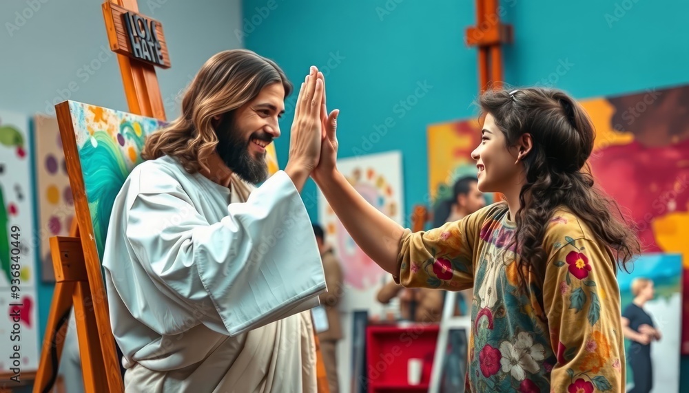 Beautiful young Jesus with long hair and bearded man in white shirt ...