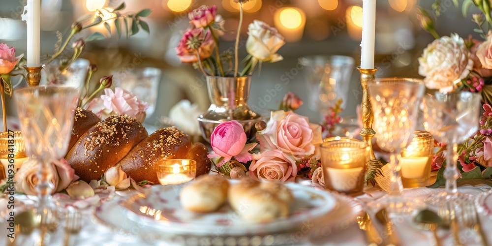 Elegant traditional wedding table arrangement showcasing braided bread ...