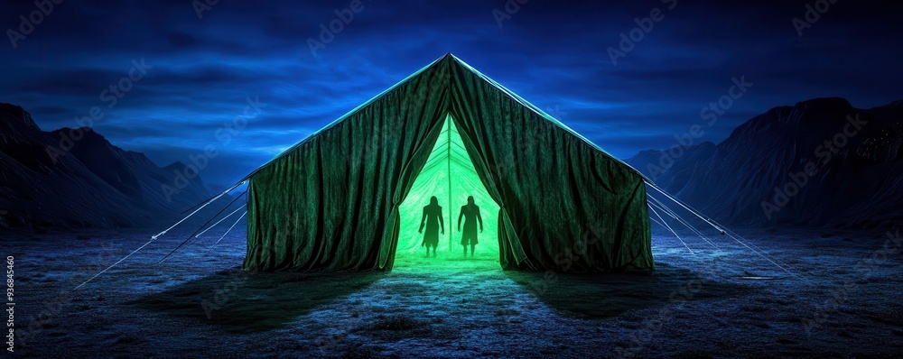 An abandoned festival tent with ghostly shadows moving inside ...