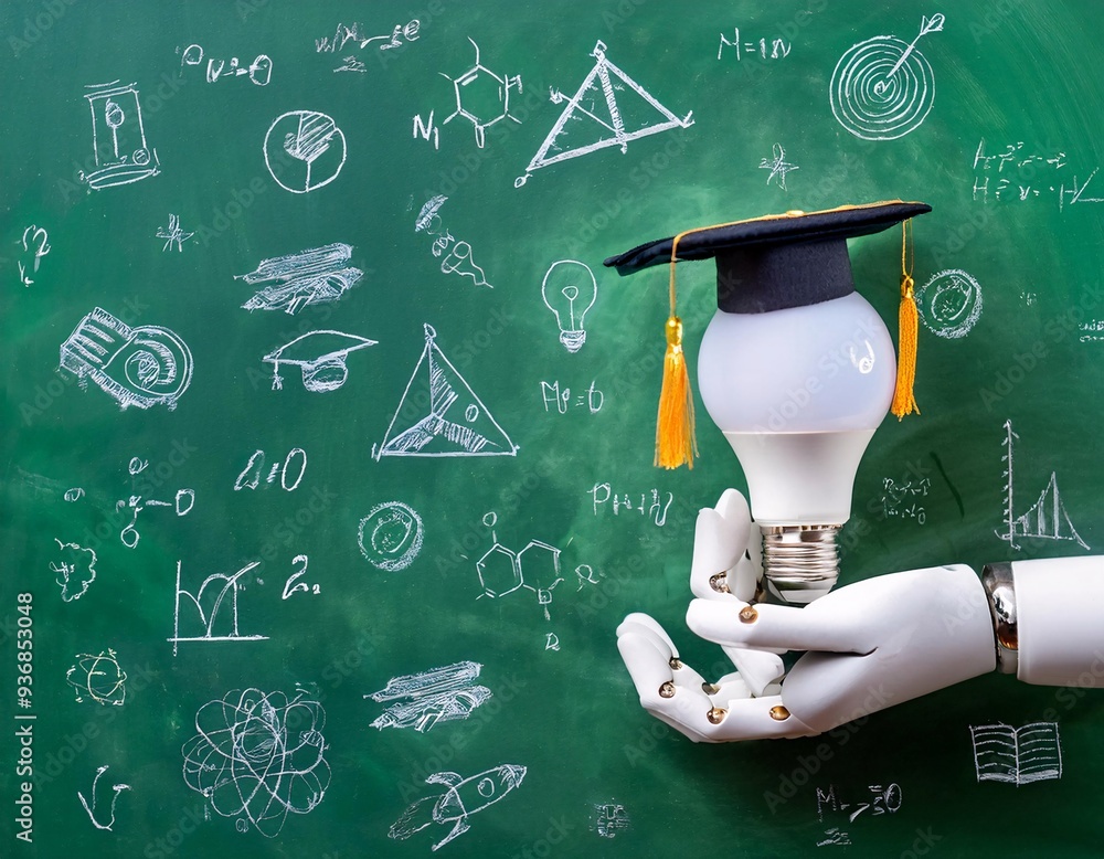 Robot holding a lamp wearing a graduation cap, with a blackboard green ...