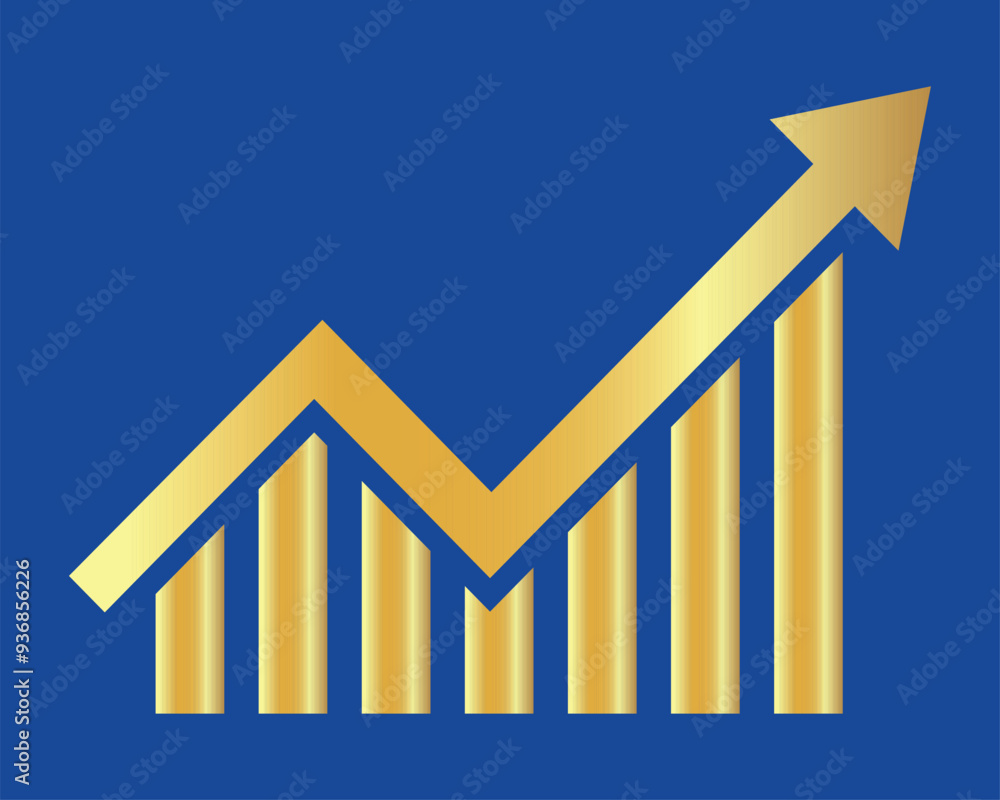 Golden shiny arrow is going up isolated on a blue background. Gold ...