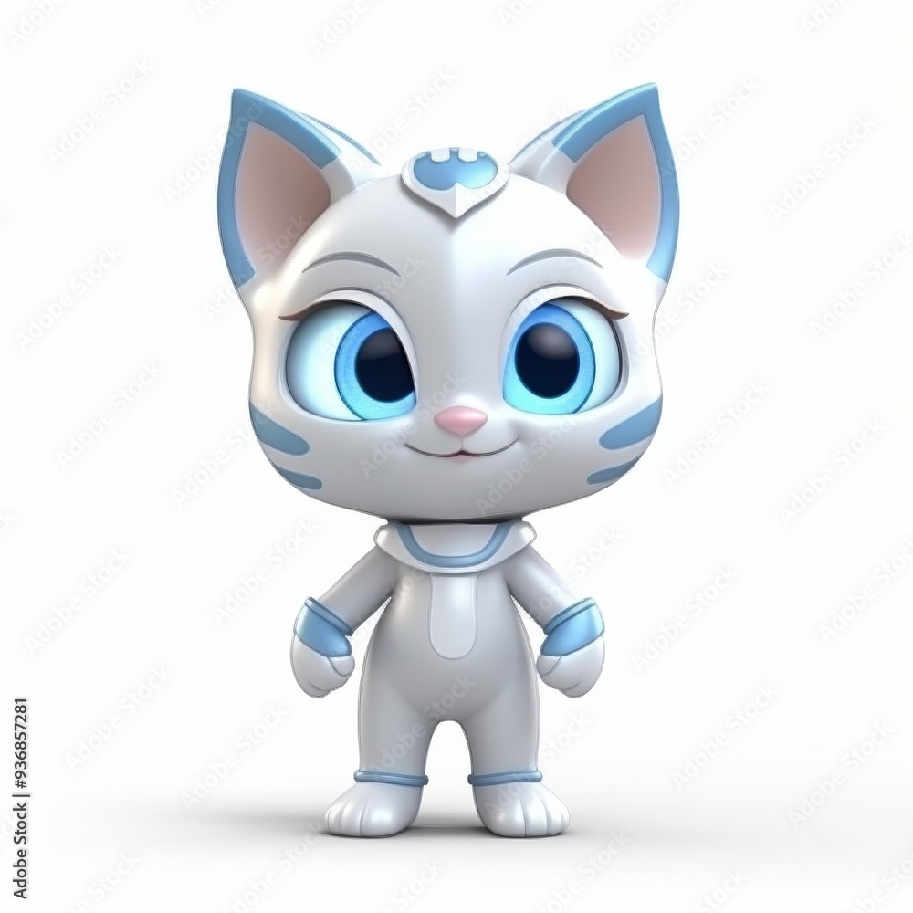 Cute Cartoon Robot Cat Illustration with Blue Accents and Big Eyes on ...