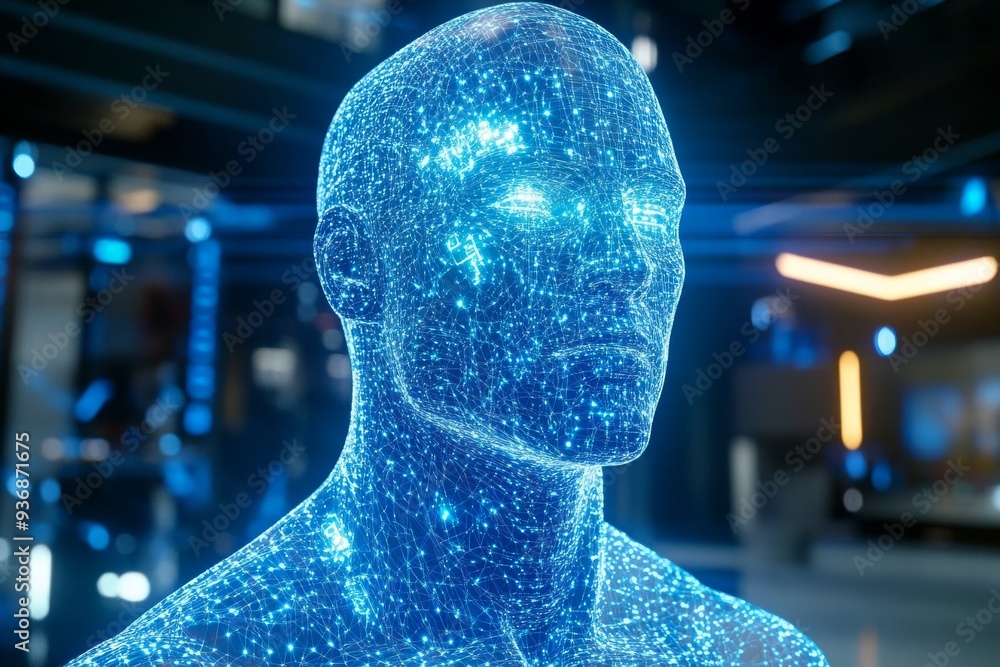 Holographic digital human head with intricate blue data patterns in a ...