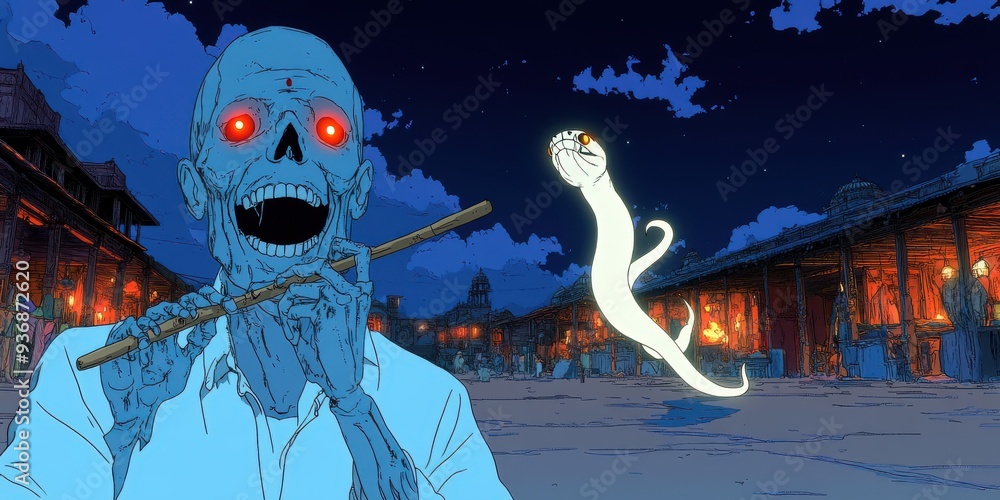 Animated scene of night-time street with eerie human skeleton playing ...