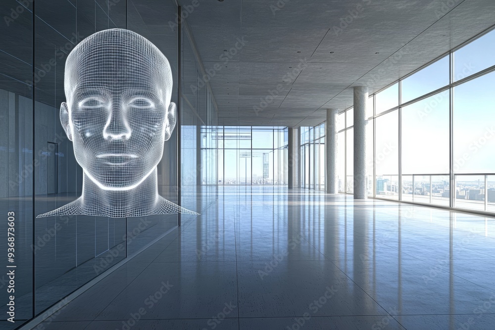 Futuristic holographic face projection in an empty spacious room ...