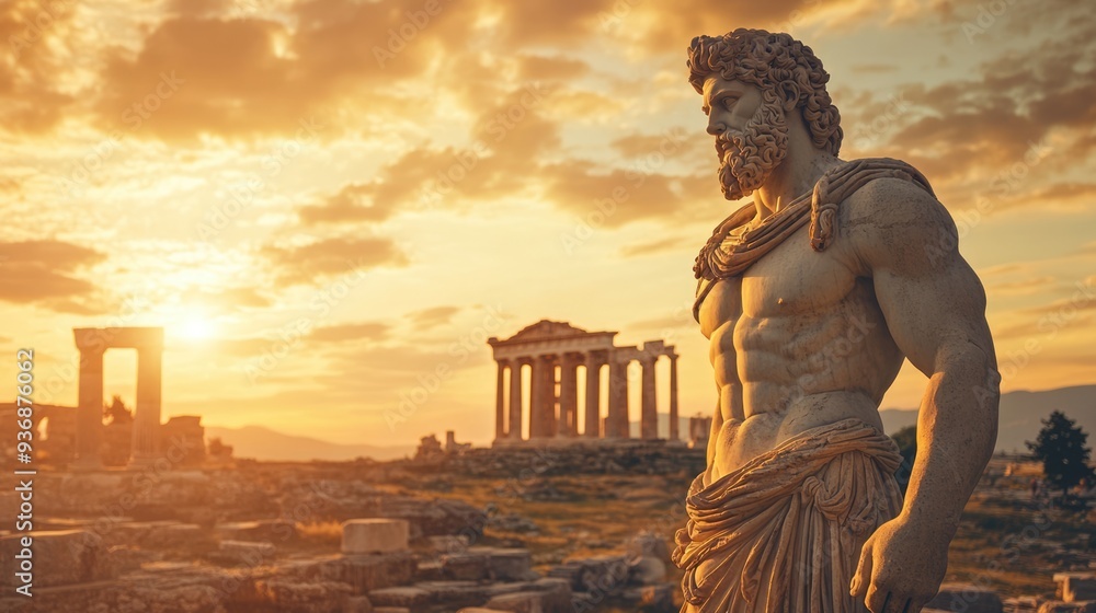 Statue of Zeus in ancient Greece with city ruins at golden hour sunset ...