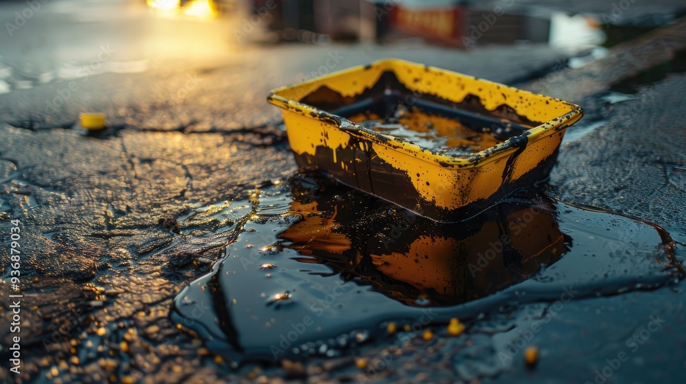 An aged, open plastic vessel showing yellow discoloration, with leaked ...