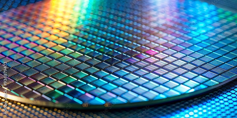 Macro shot of silicon wafer in semiconductor foundry production, silicon wafer, semiconductor ...