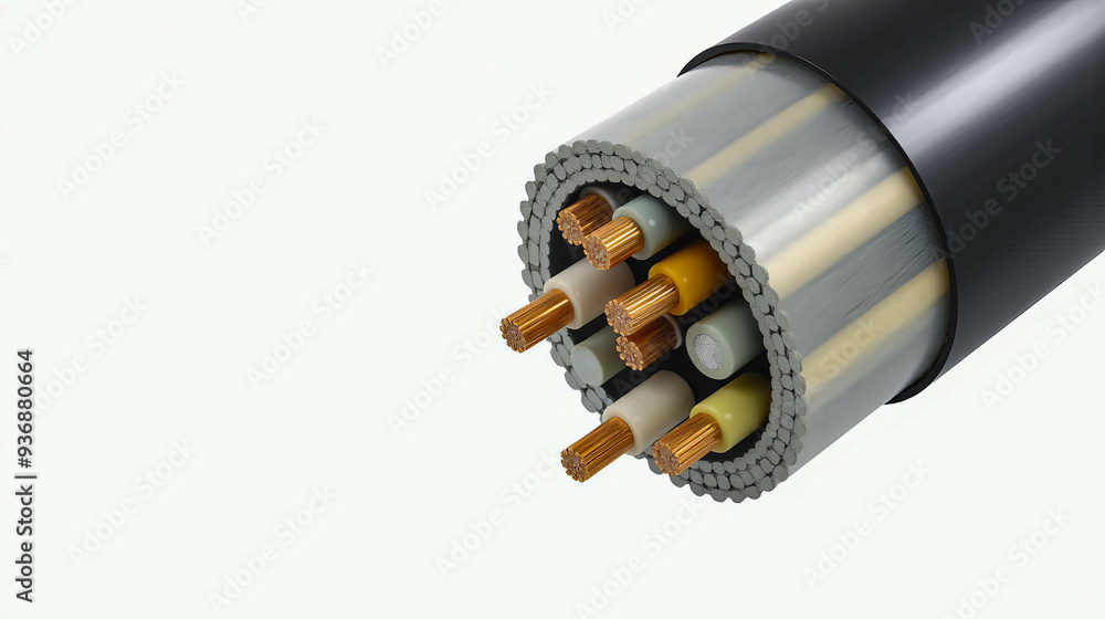 This detailed view shows a multi-core electrical cable, highlighting ...