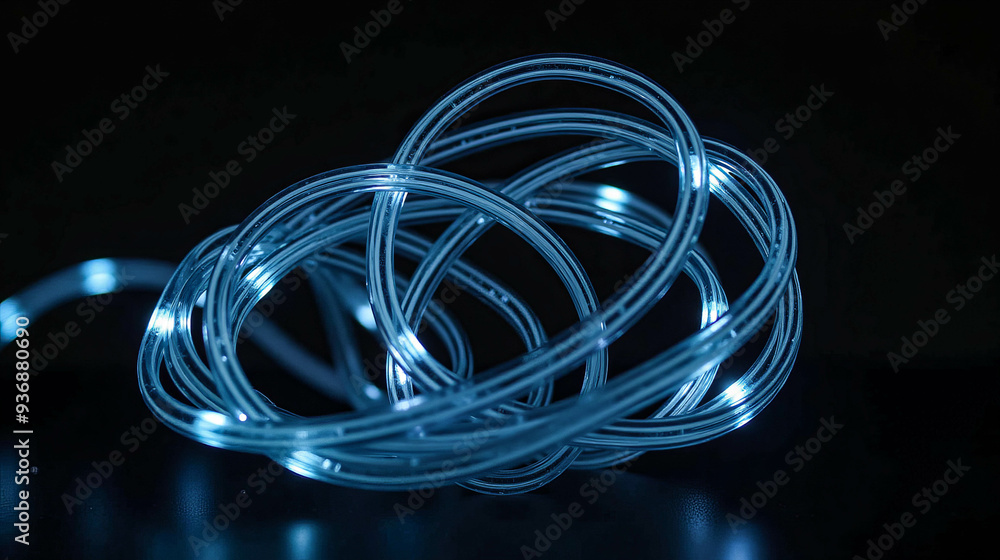 Tangled LED light wires glow vividly in neon blue, creating a striking ...