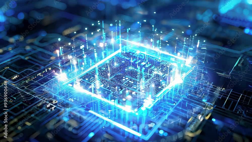 Futuristic digital microchip with glowing circuits and vibrant data ...